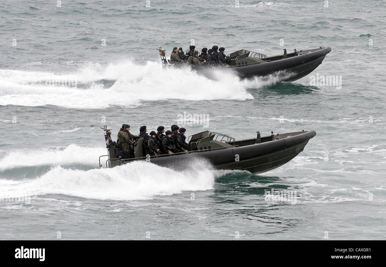 Royal Navy rapid response ribs, boat, speedboats carrying troops from ...