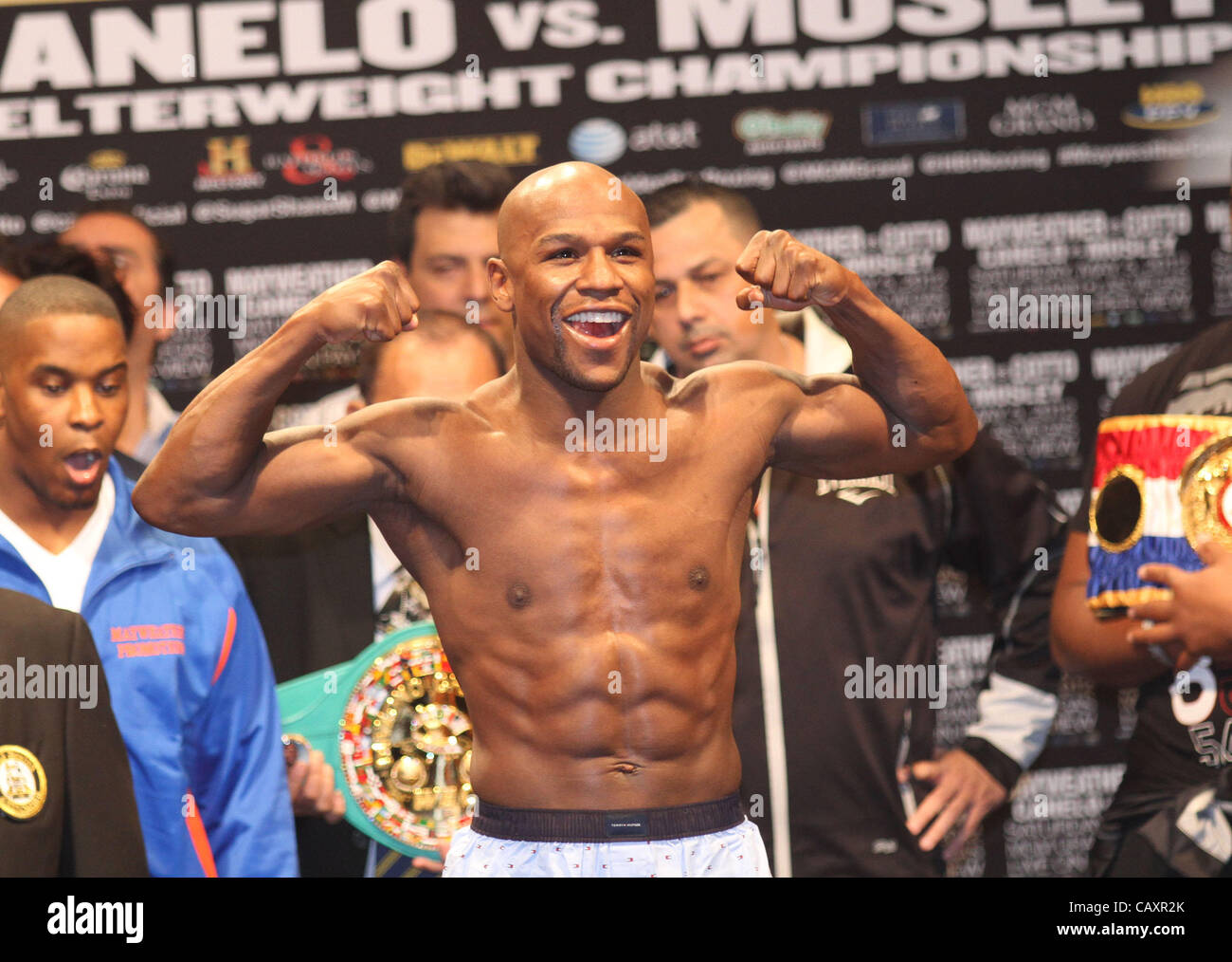 Floyd Mayweather weighs in at the MGM Grand Garden Arena in Las Vegas ...