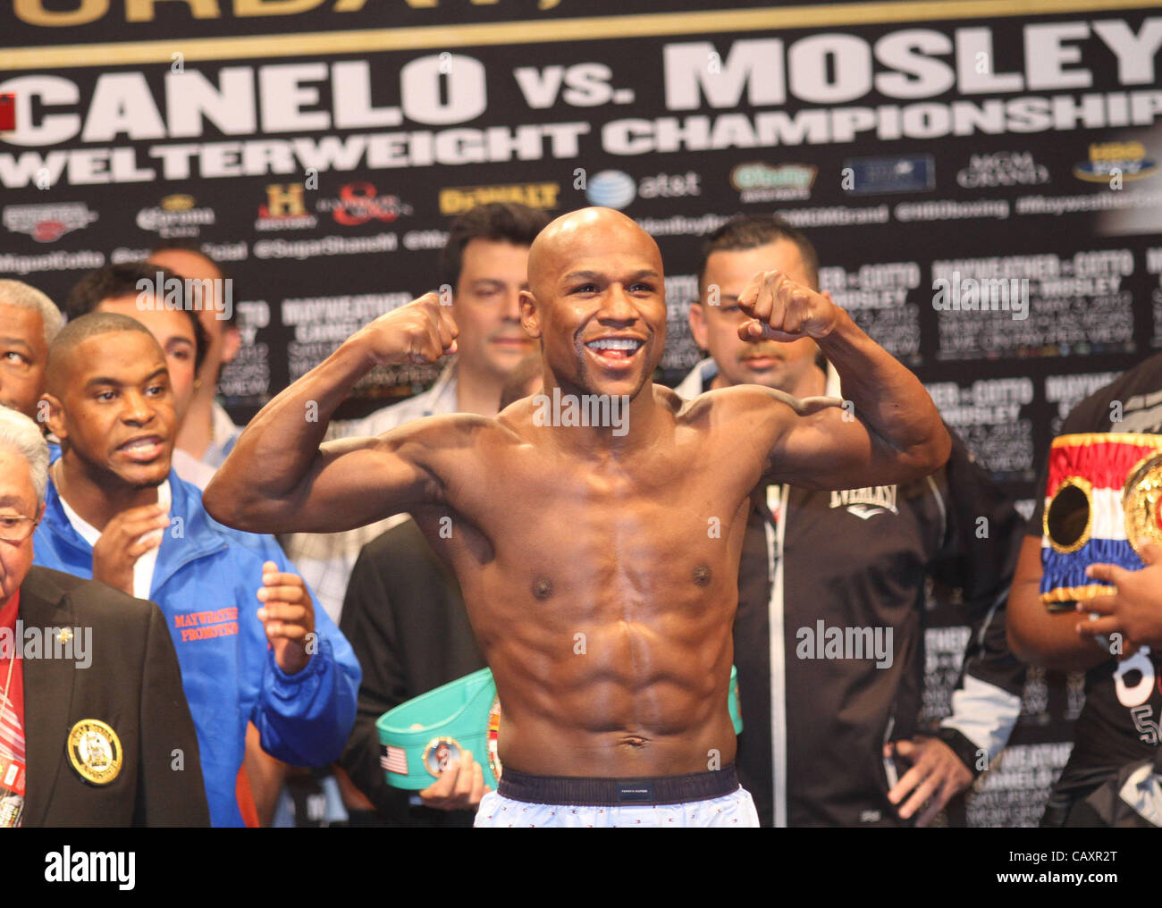 Floyd Mayweather weighs in at the MGM Grand Garden Arena in Las Vegas ...