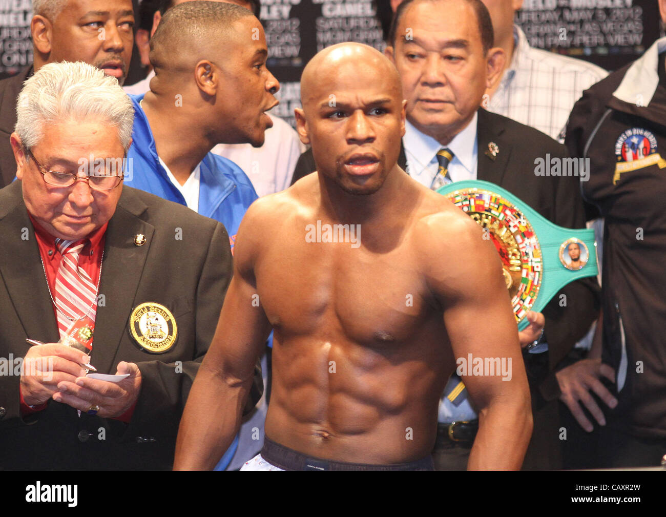 Floyd Mayweather weighs in at the MGM Grand Garden Arena in Las Vegas ...