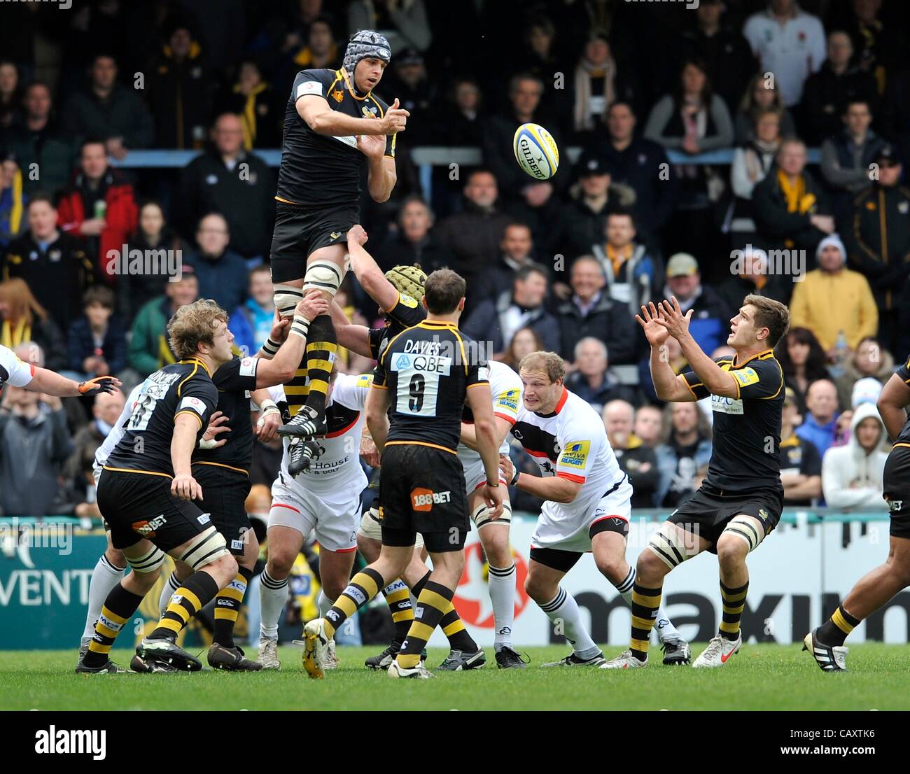 High Wycombe, England. Marco Wentzel of London Wasps clears the ball ...
