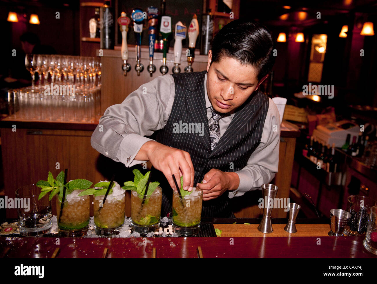 May 5, 2012 - Los Angeles, California, USA - Mixologist Marcos Tello ...