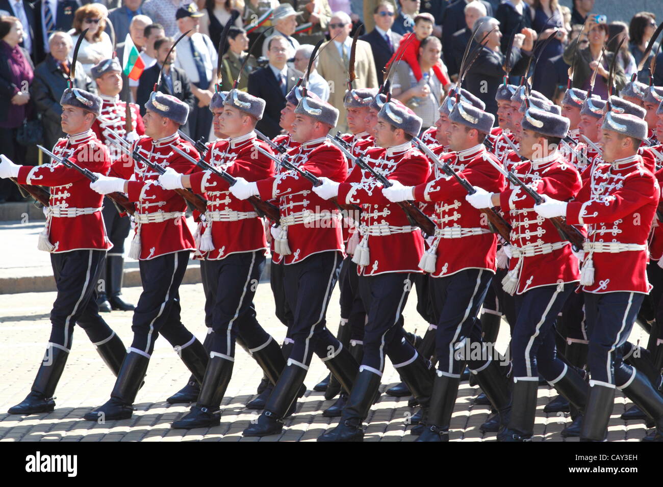 Bulgarian National Guard in their red ceremonial uniforms during the ...