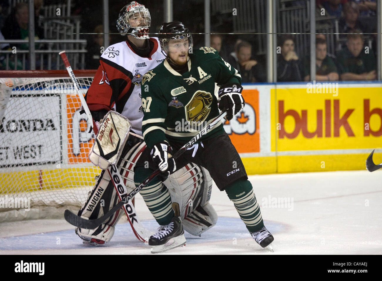 May 7, 2012. Niagara Icedogs goaile Mark Visentin stretches to look ...