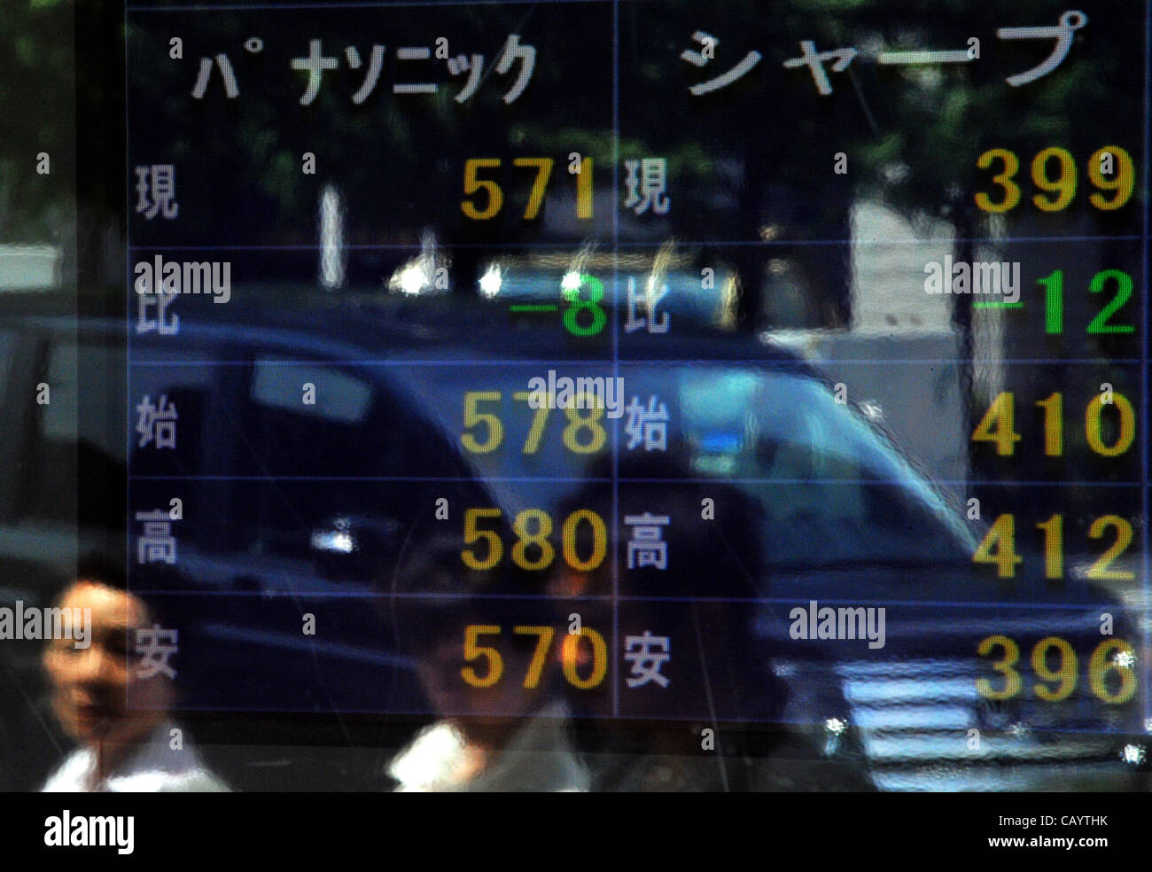 May 11, 2012, Tokyo, Japan - Stock prices for Panasonic, left, and ...