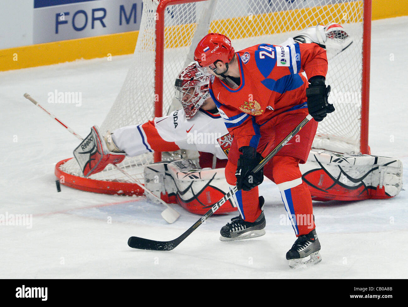 Goalkeeper Jakub Kovar (CZE) and Alexander Popov (RUS) during Czech ...
