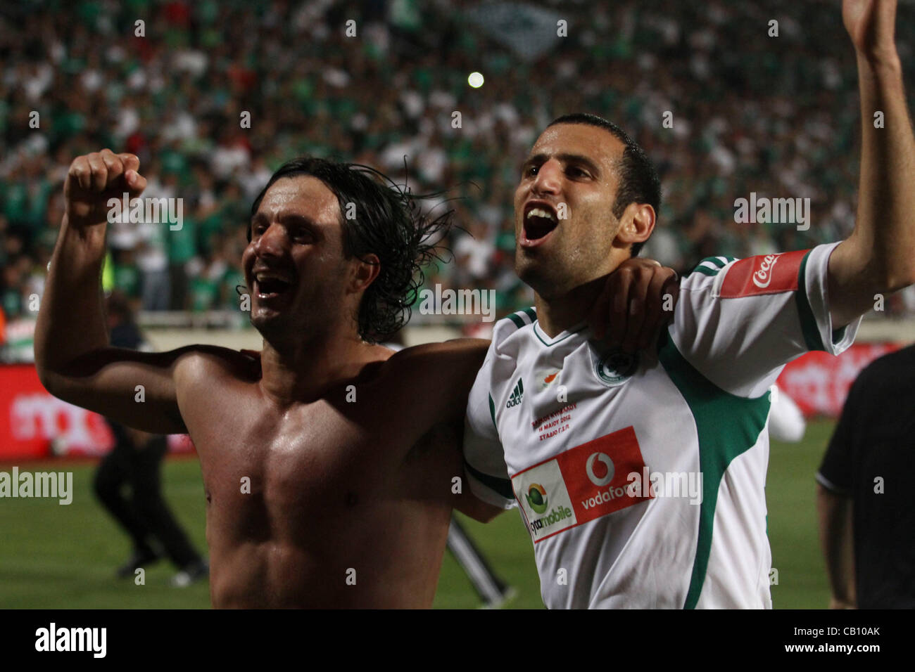 Omonoia players celebrate winning the Football Cup of Cyprus in Nicosia ...