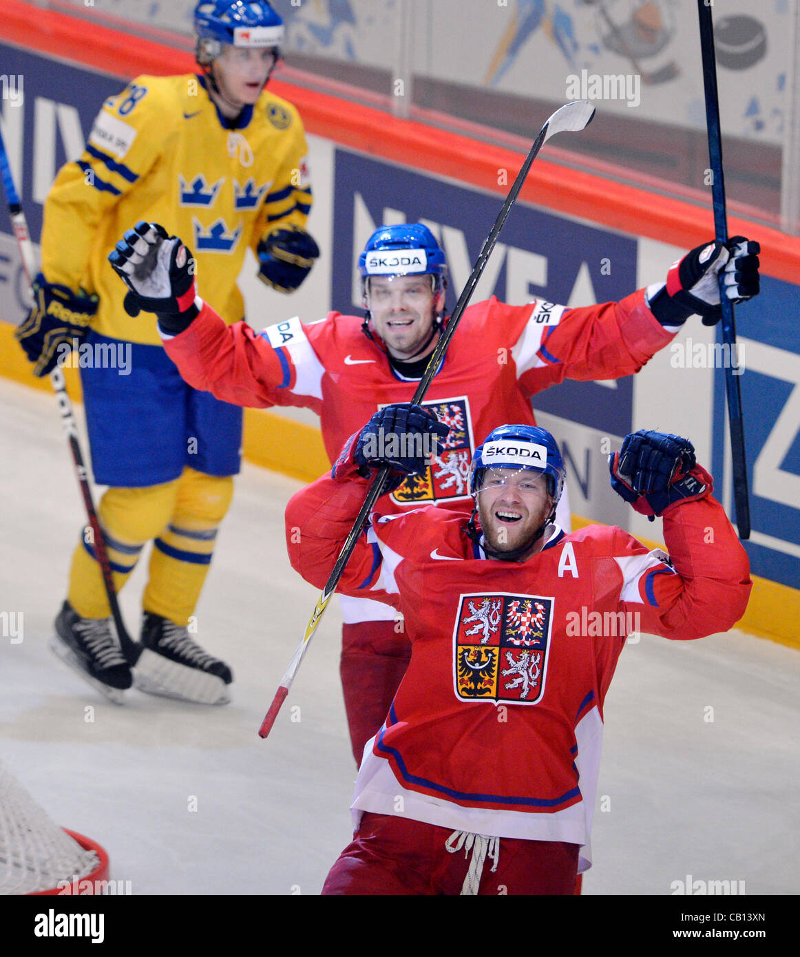 Milan Michalek and Jiri Novotny (CZE) celebrate while Jonas Brodin ...