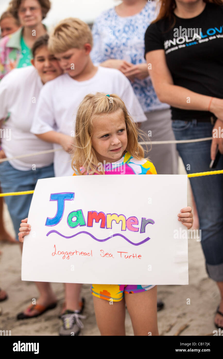 A young turtle fan holds a sign for one of the rehabilitated Loggerhead ...