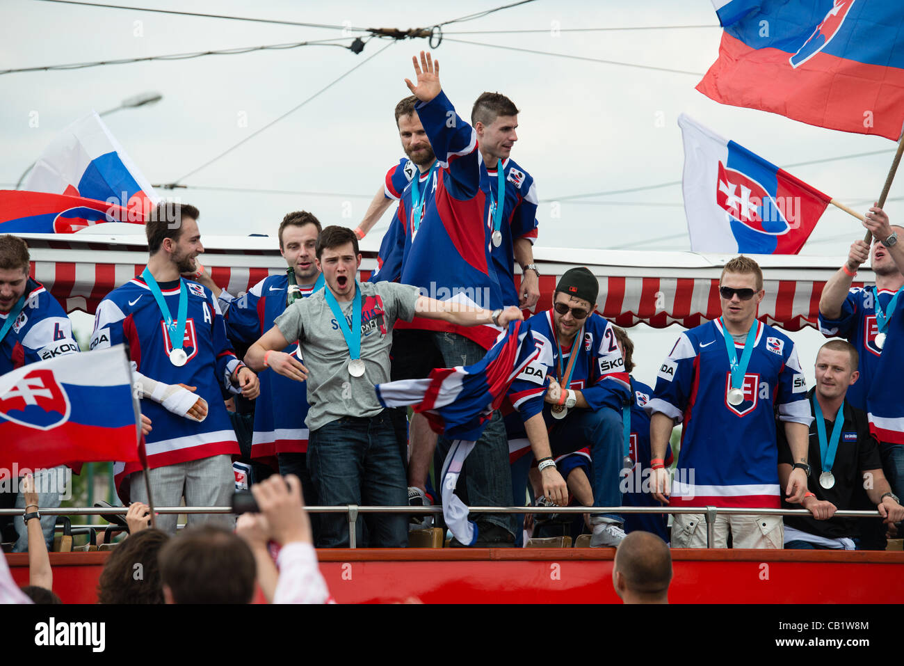 BRATISLAVA, SLOVAKIA - MAY 21: Slovak ice hockey players celebrate the ...