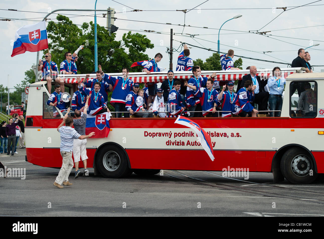 BRATISLAVA, SLOVAKIA - MAY 21: Bus full of Slovak ice hockey players ...