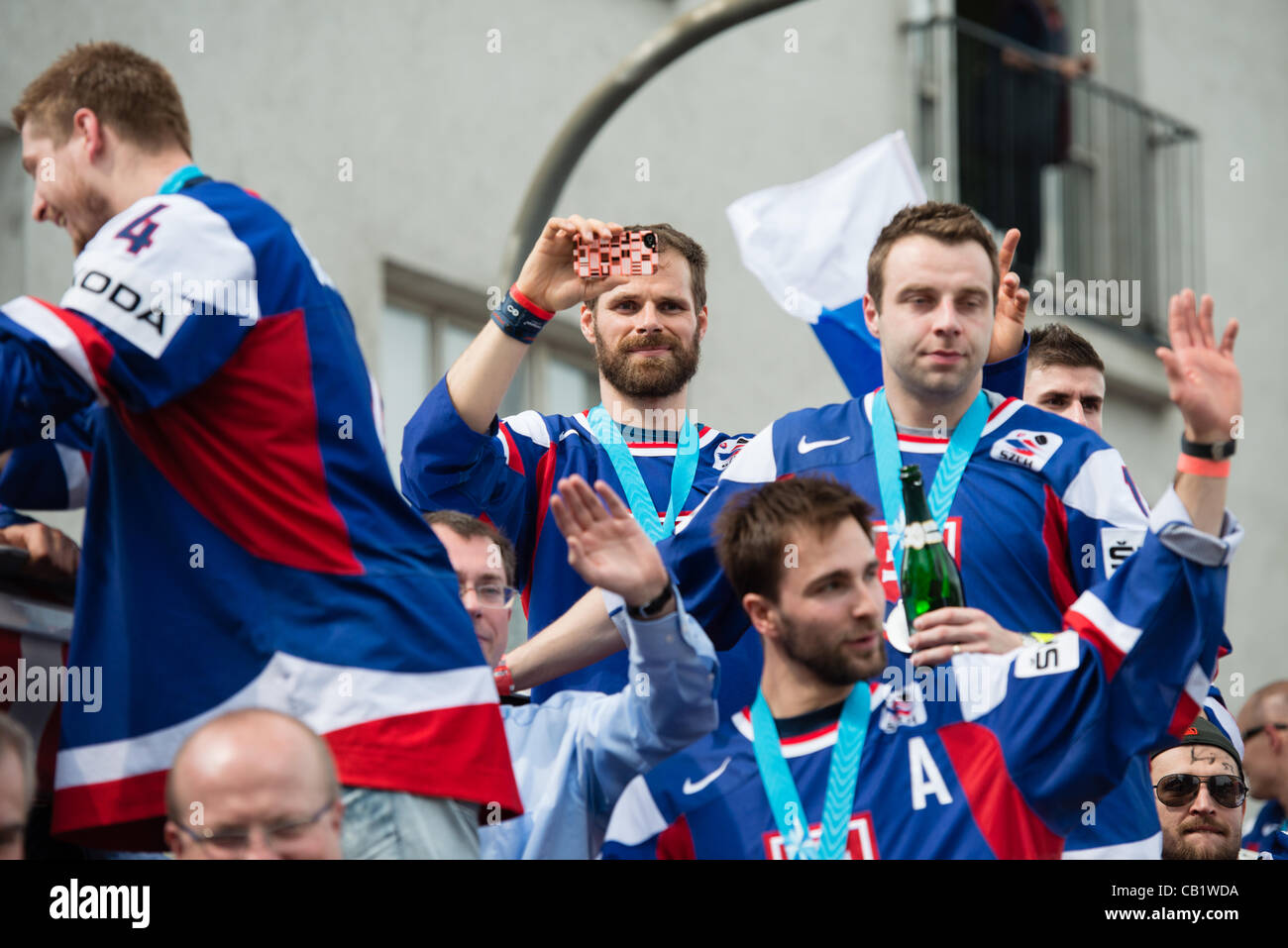 BRATISLAVA, SLOVAKIA - MAY 21: Slovak ice hockey players celebrate the ...