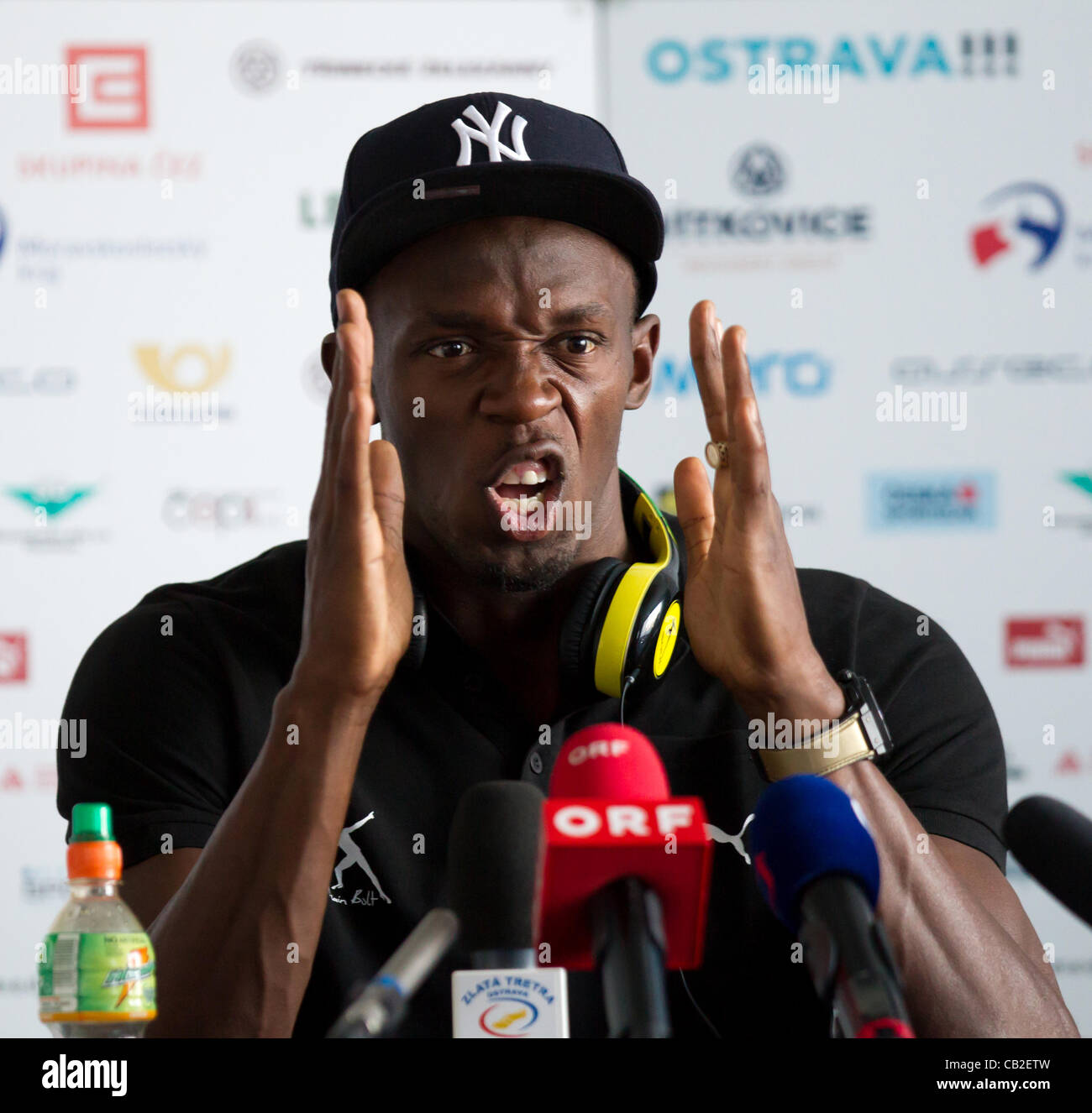 Jamaican sprinter Usain Bolt gestures during press conference ahead of ...