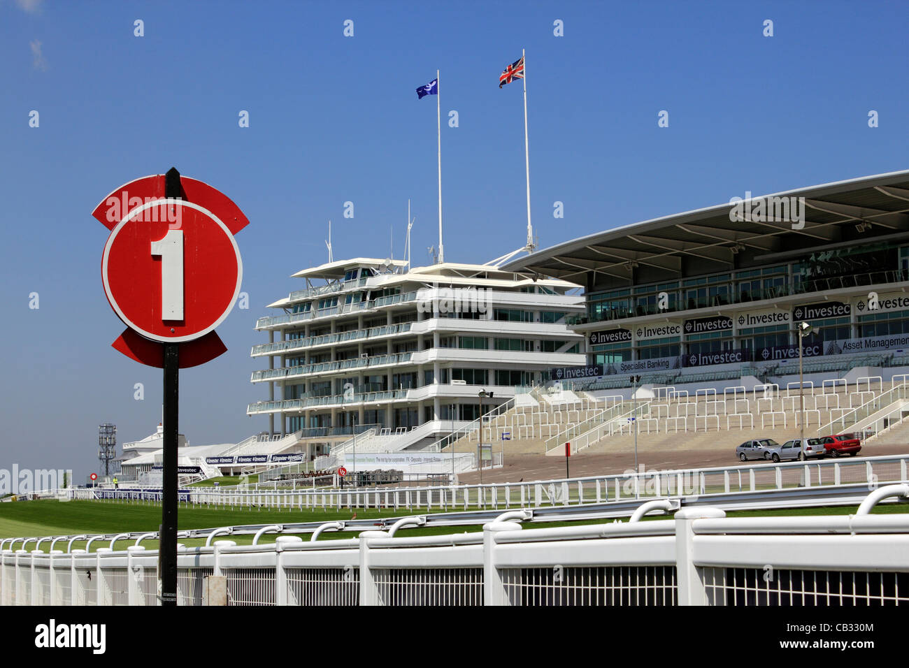 27/05/12. Epsom Downs, Surrey, UK. The 1 furlong to go marker in front ...