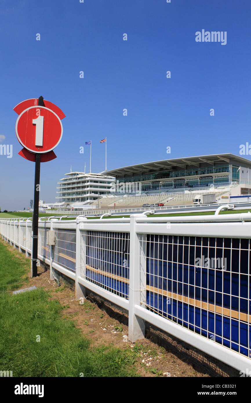 27/05/12. Epsom Downs, Surrey, UK. The 1 furlong to go marker in front ...