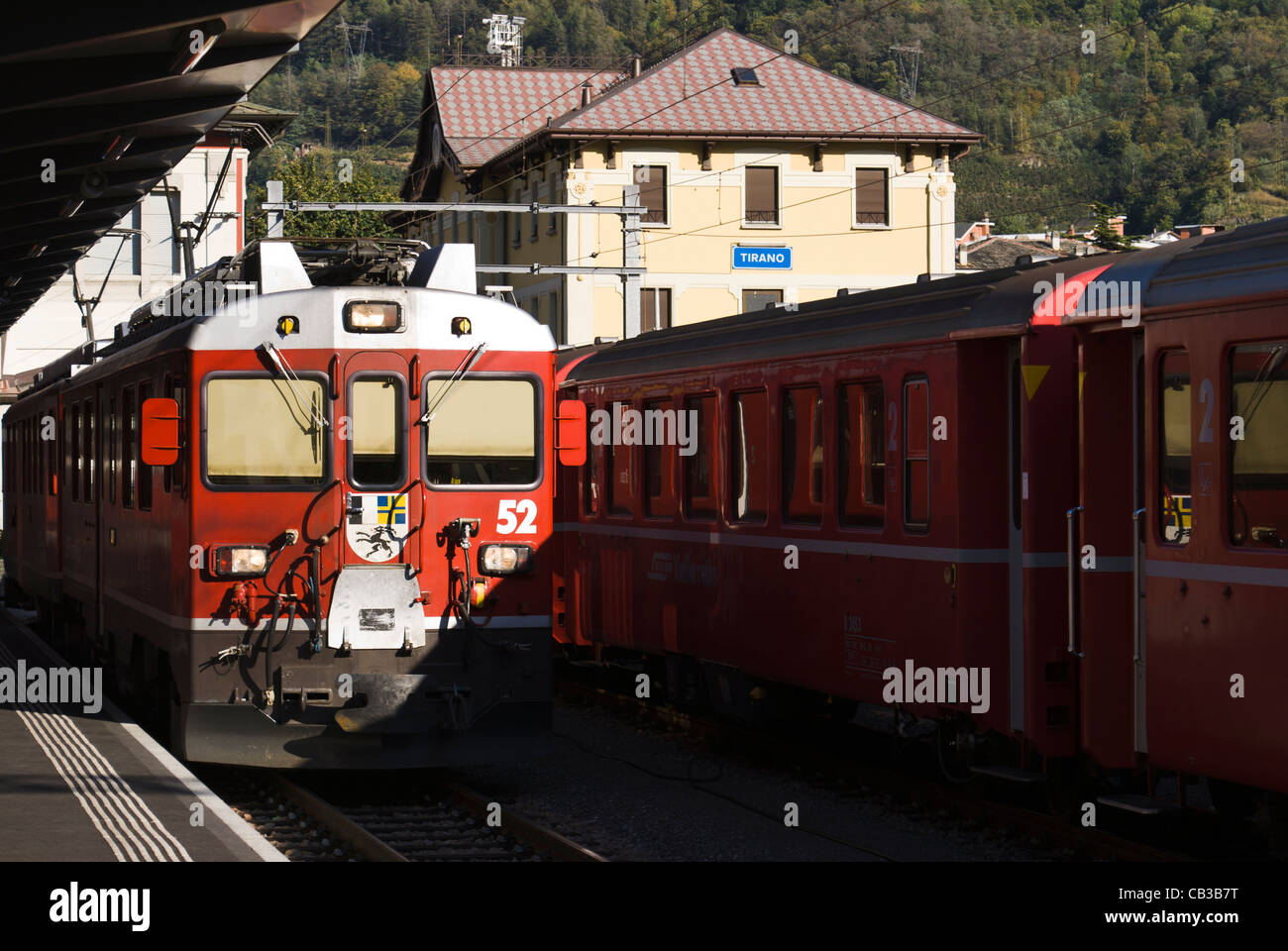 Swiss Bernina Express train at Tirano train station, Italy Stock Photo ...