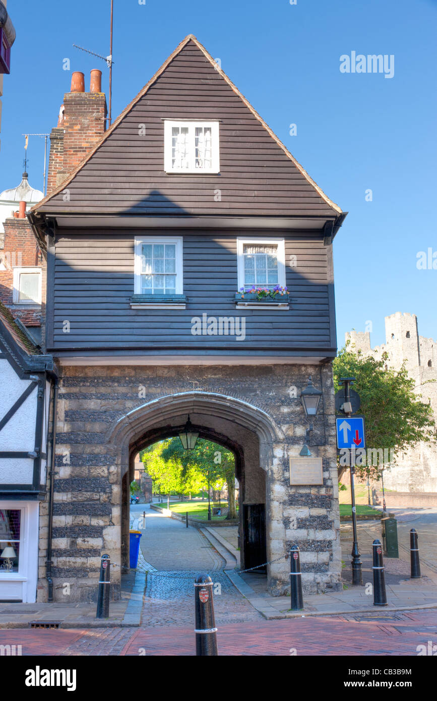 Two story medieval gatehouse, known as Chertseys Gate, with the walls ...