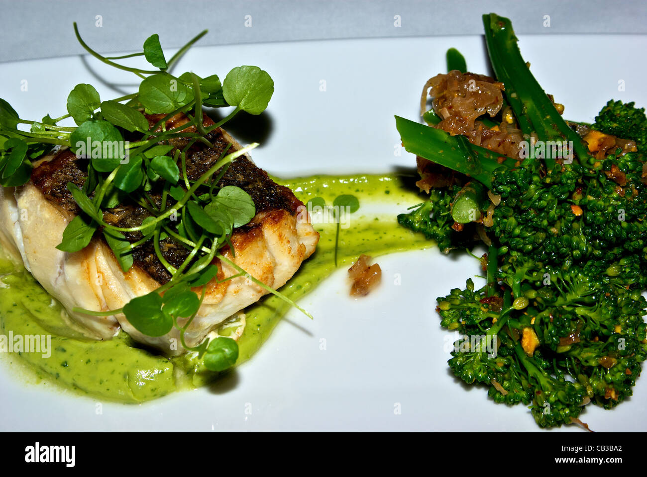 Pan seared roasted Hapaku fish broccolini caramelized shallots whipped ...
