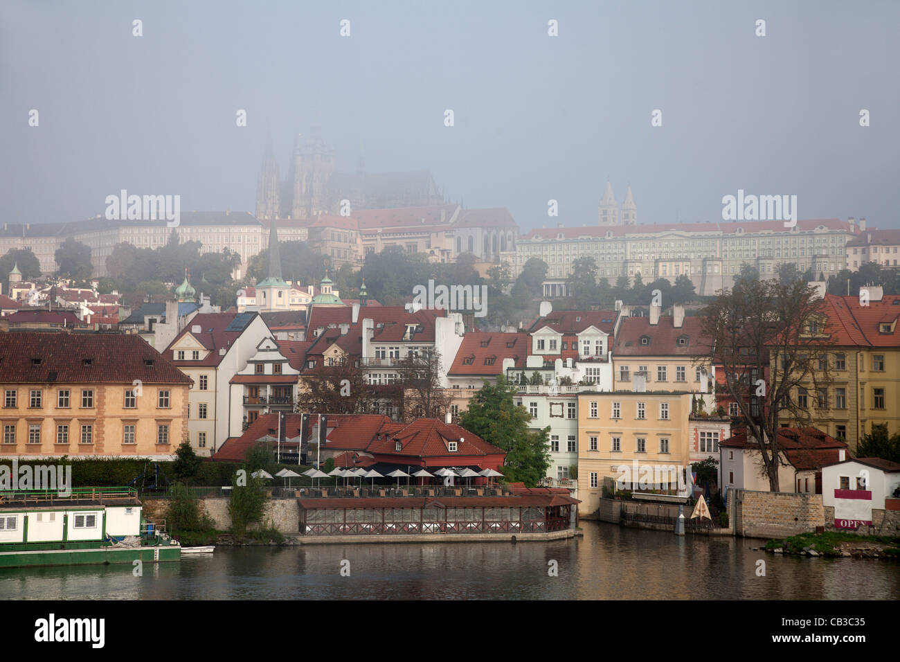 Prague in fog cathedral - castle and Vitus cathedral from waterfront ...