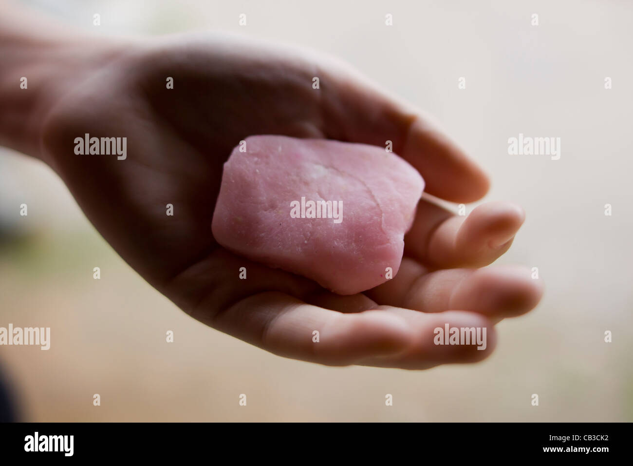 A girl holds a Japanese mochi rice cake at a traditional Japanese ...