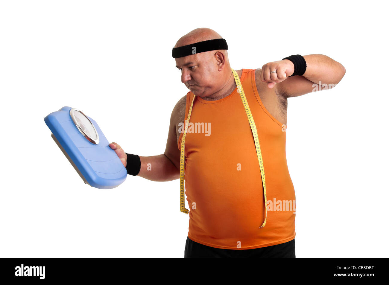 Large fitness man angry with weight scale isolated in white Stock Photo ...