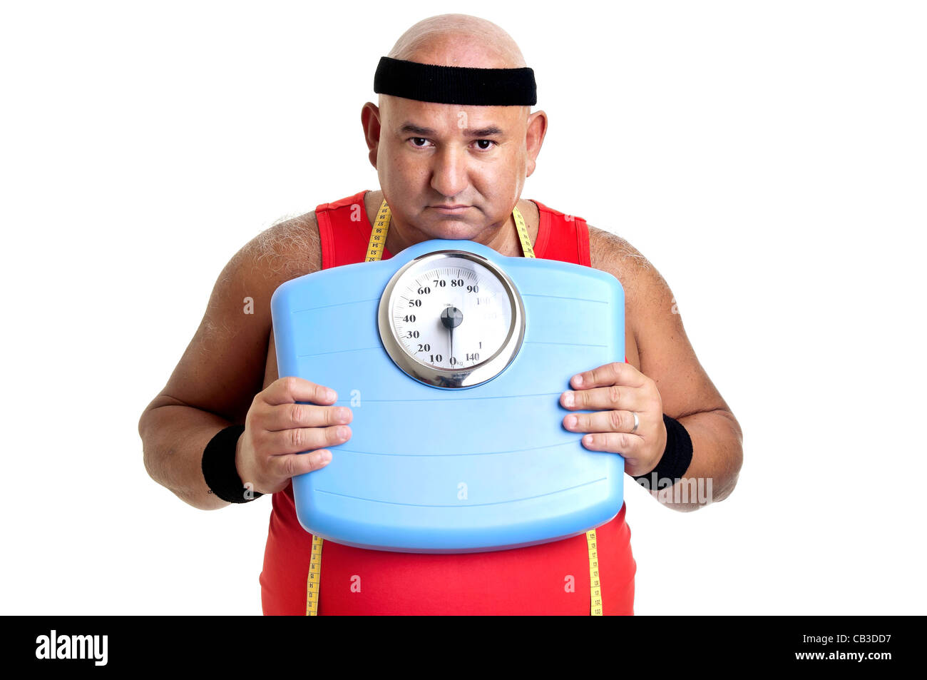 Large fitness man with weight scale isolated in white Stock Photo - Alamy