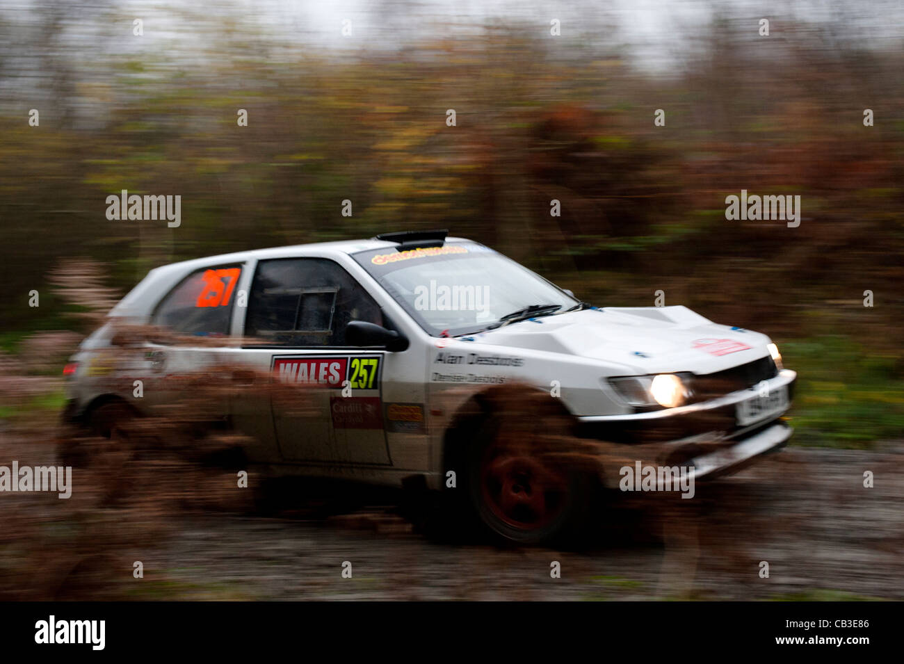 A rally car is seen during a stage of the Rally of Wales GBR November ...