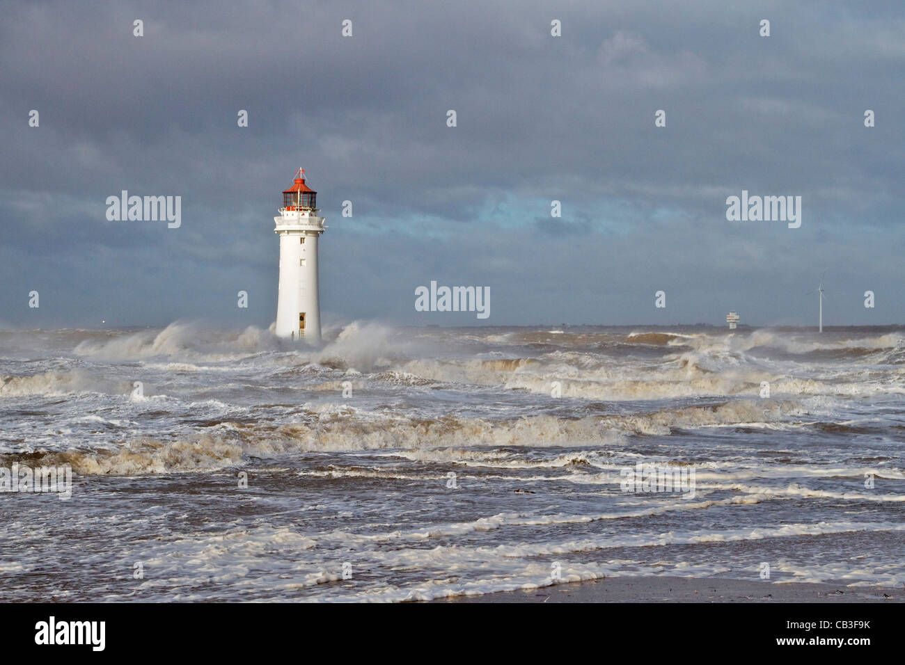 Perch Rock Lighthouse in high winds at high tide. New Brighton, England ...