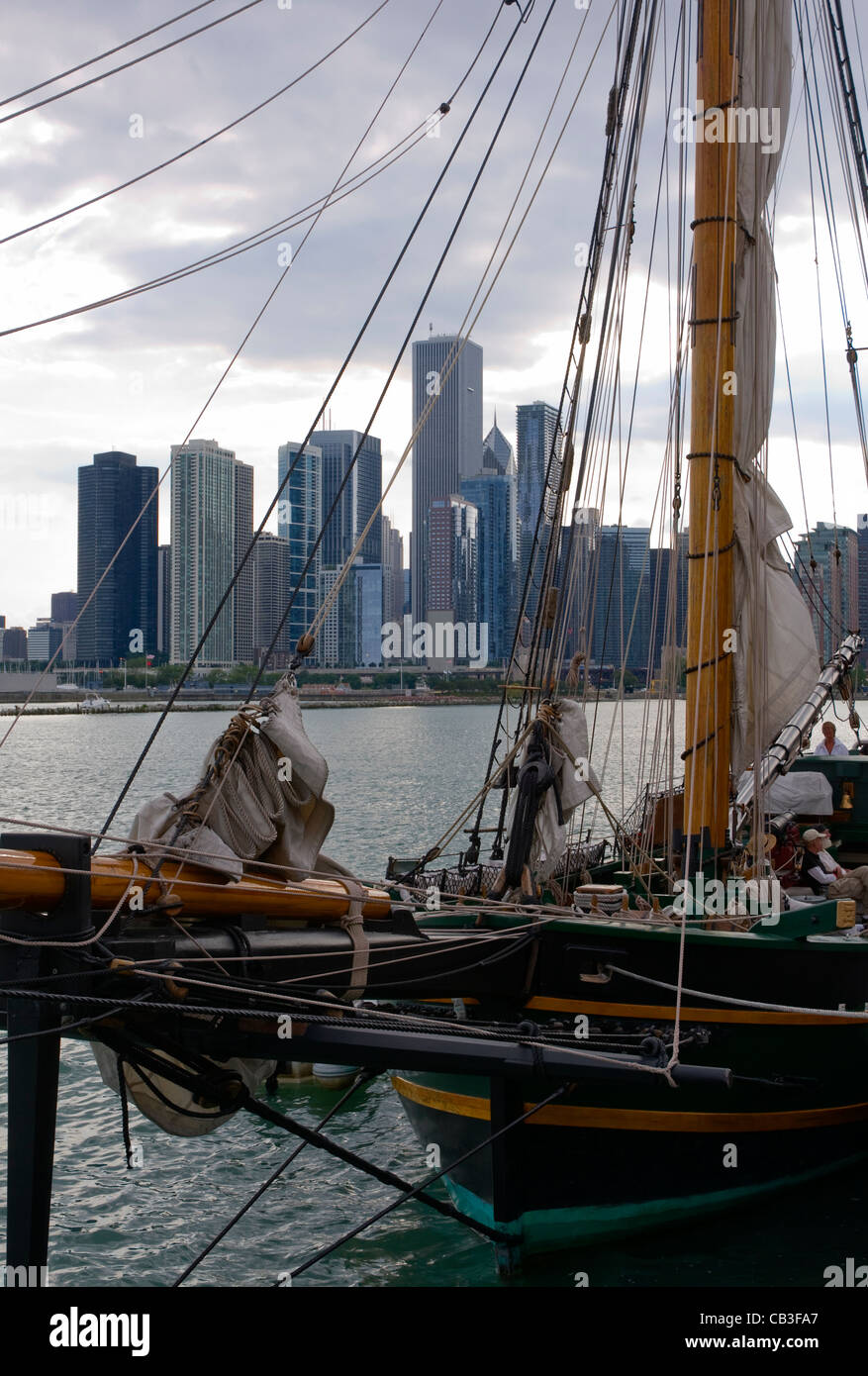 Looking through the rigging of a ship to the Chicago Skyline Stock ...