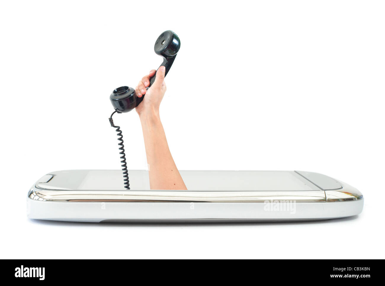 Hand holding a telephone receiver from a mobile cell phone Stock Photo ...