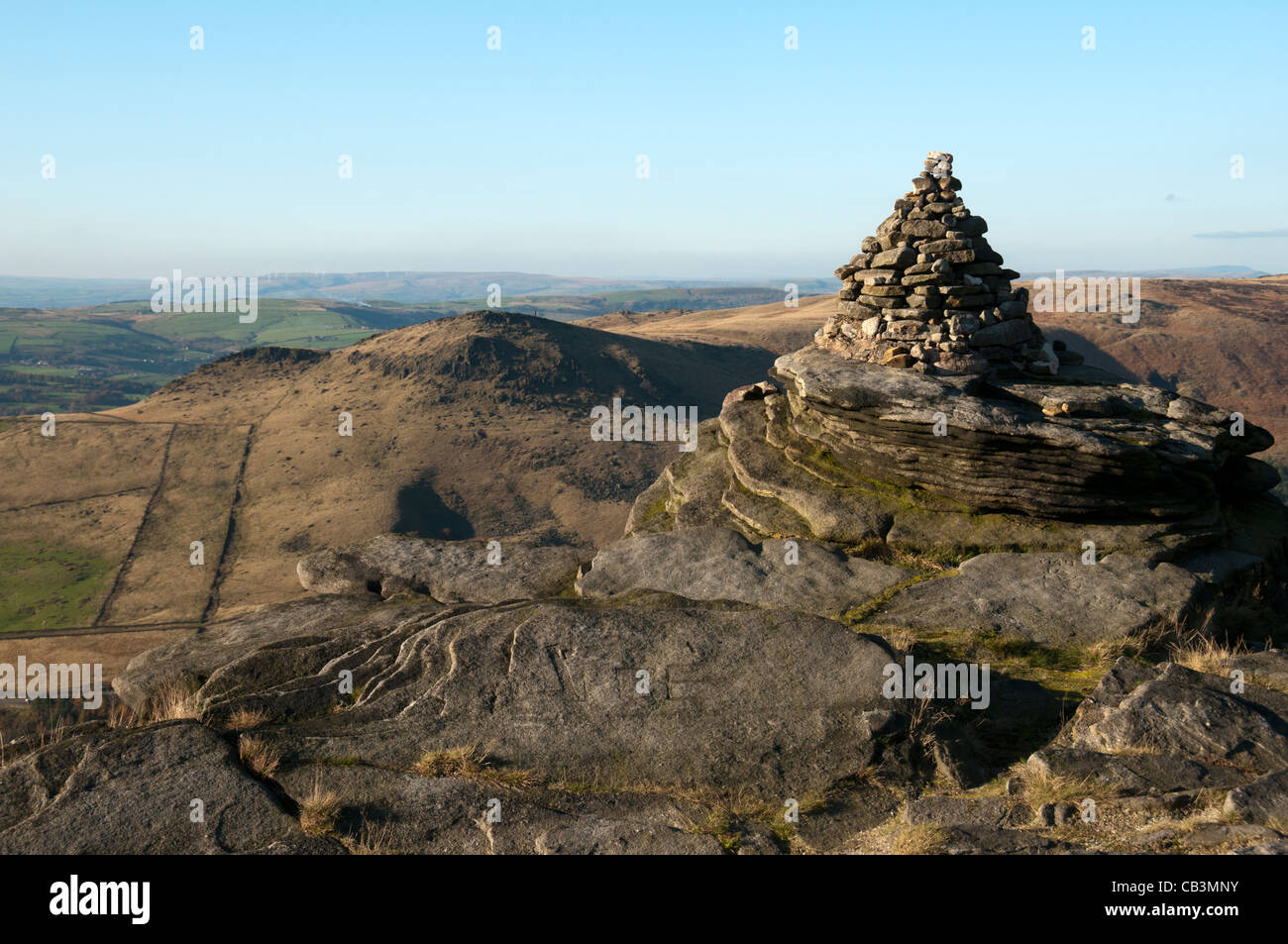 Rock cairn on Great Dove Stone Rocks, Saddleworth, Oldham district ...