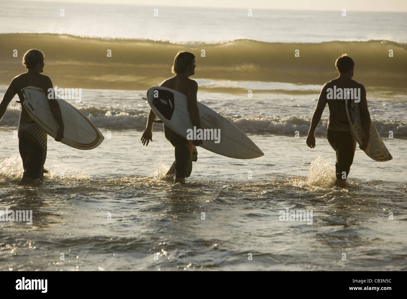 Surfer dudes running into surf with surfboards Stock Photo - Alamy
