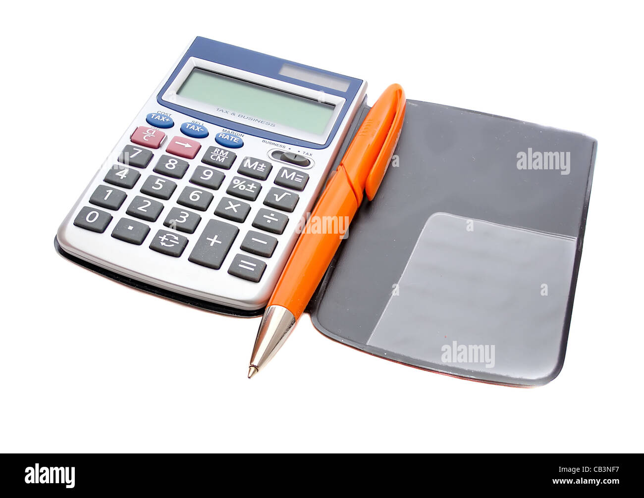 Calculator and orange pen Stock Photo - Alamy