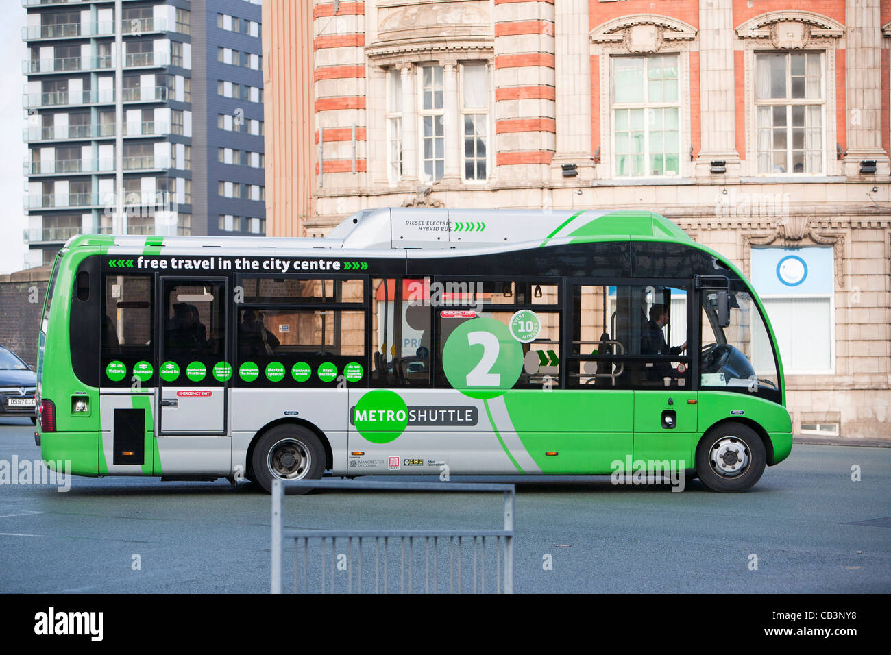 A diesel electric hybrid shuttle bus that provides a free service round ...
