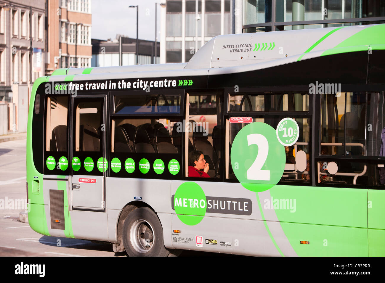 A diesel electric hybrid shuttle bus that provides a free service round ...