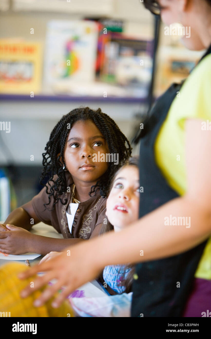 Little girls looking up at teacher in class Stock Photo - Alamy