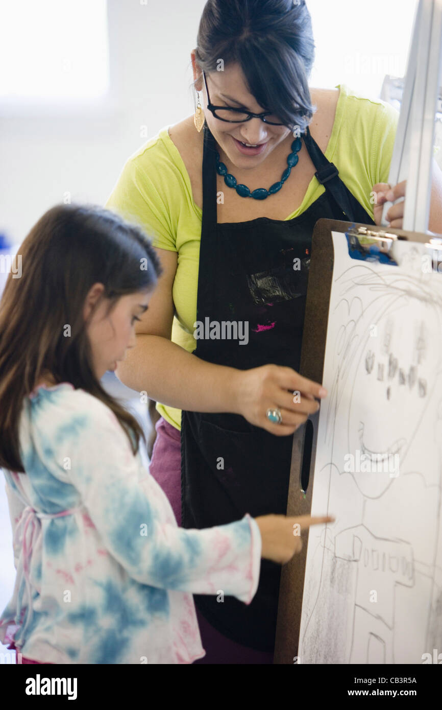 An art teacher showing young girl how to draw on an easel in art class ...