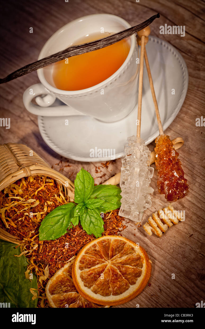 tea time set with flavors on wooden background Stock Photo - Alamy