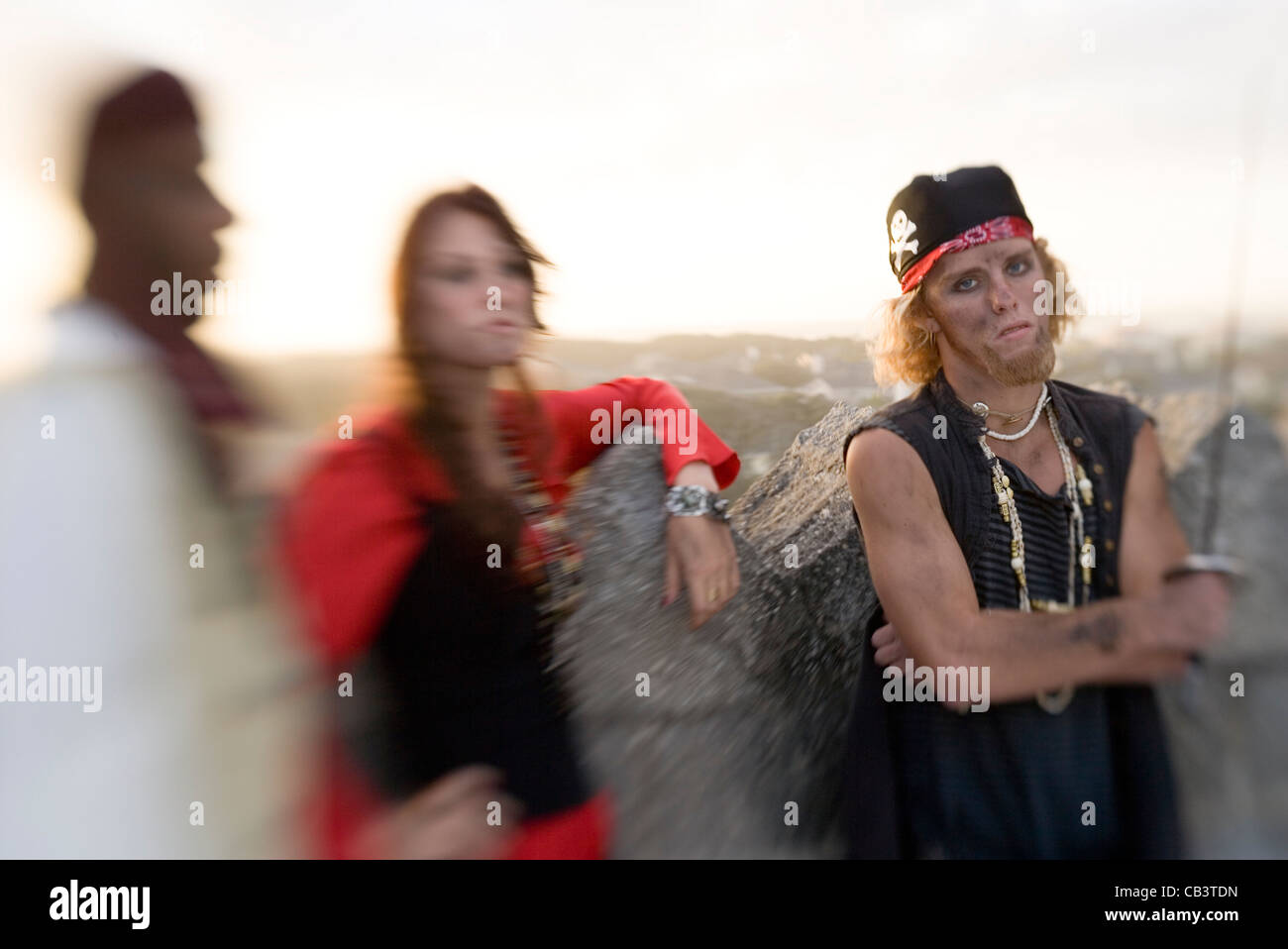 View of pirates leaning against castle parapets and turrets Stock Photo ...