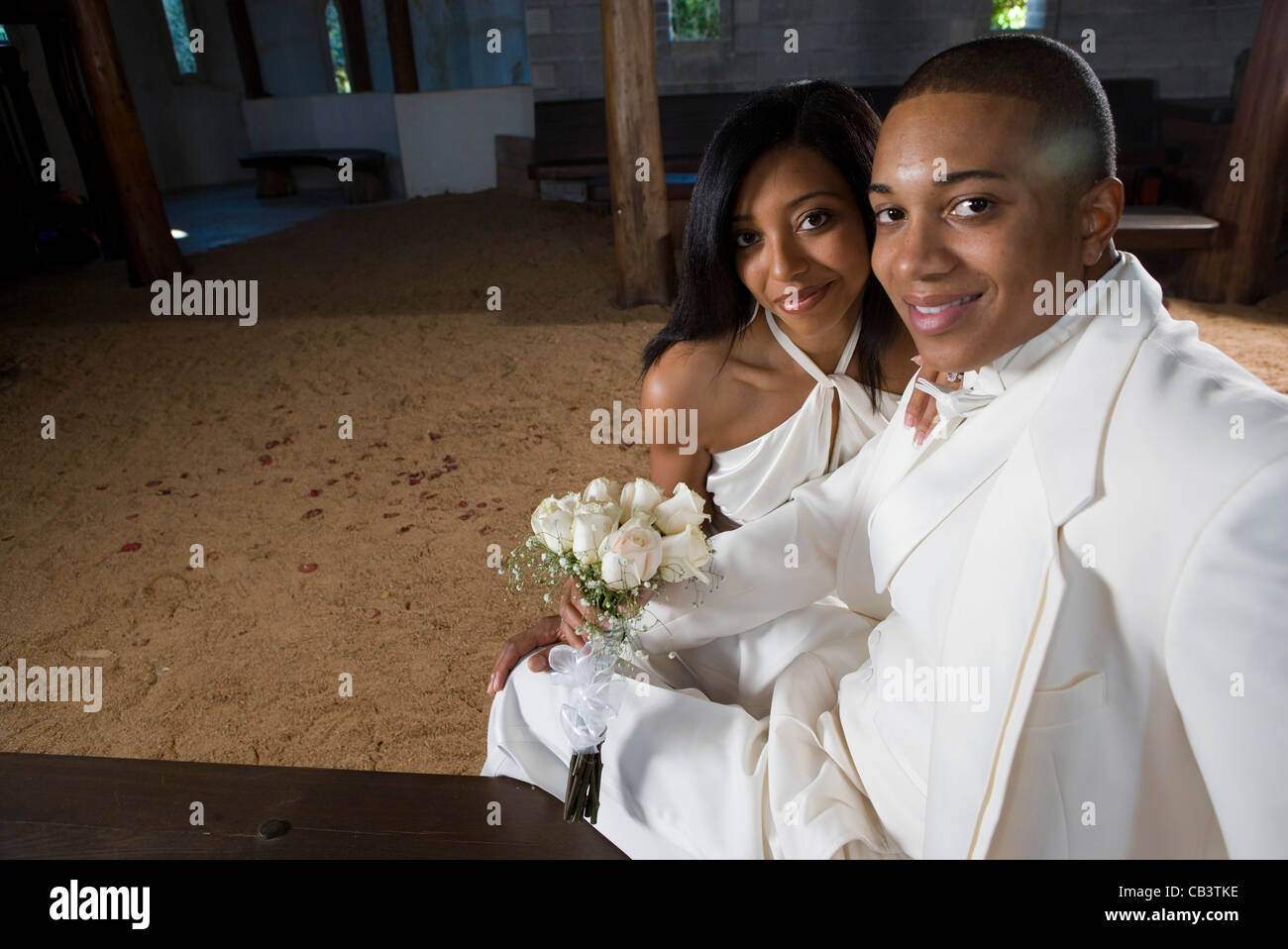 Portrait of bride and groom in whiteinside a medieval castle Stock ...