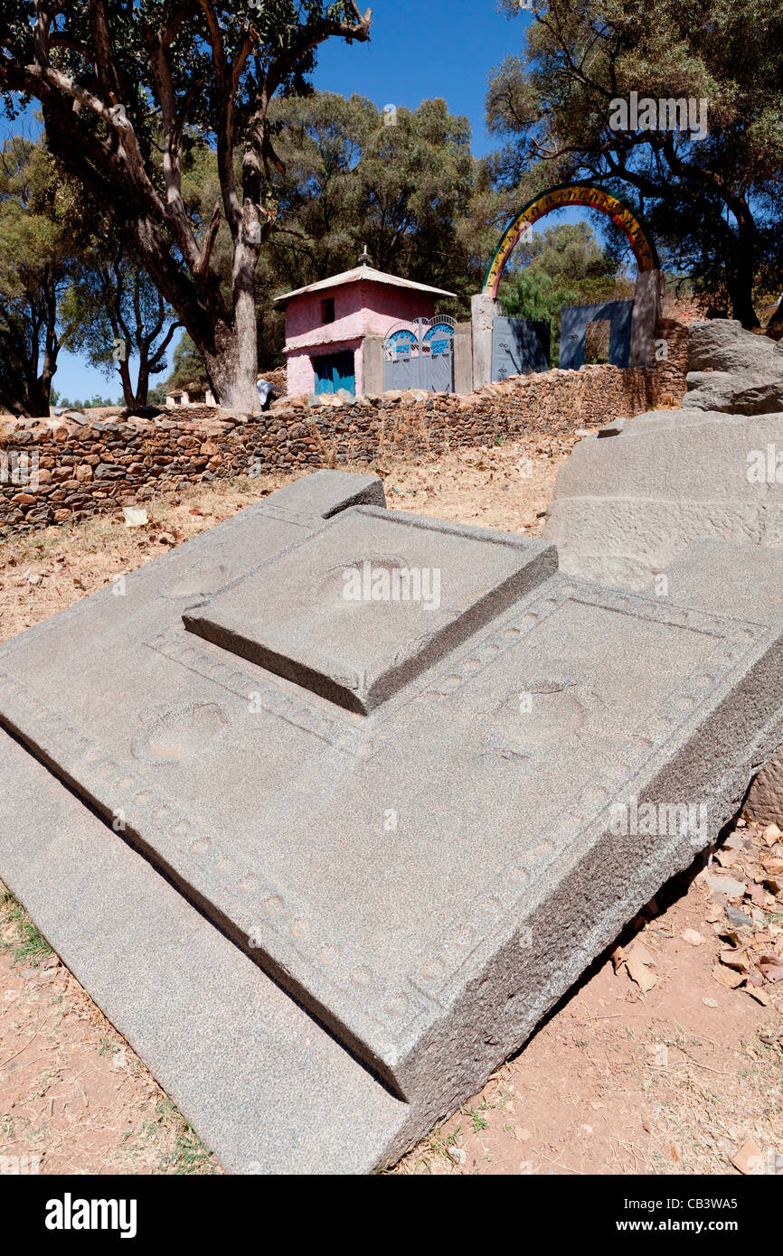 A collapsed decorated stele lying near Enda Iyesus Church in the ...