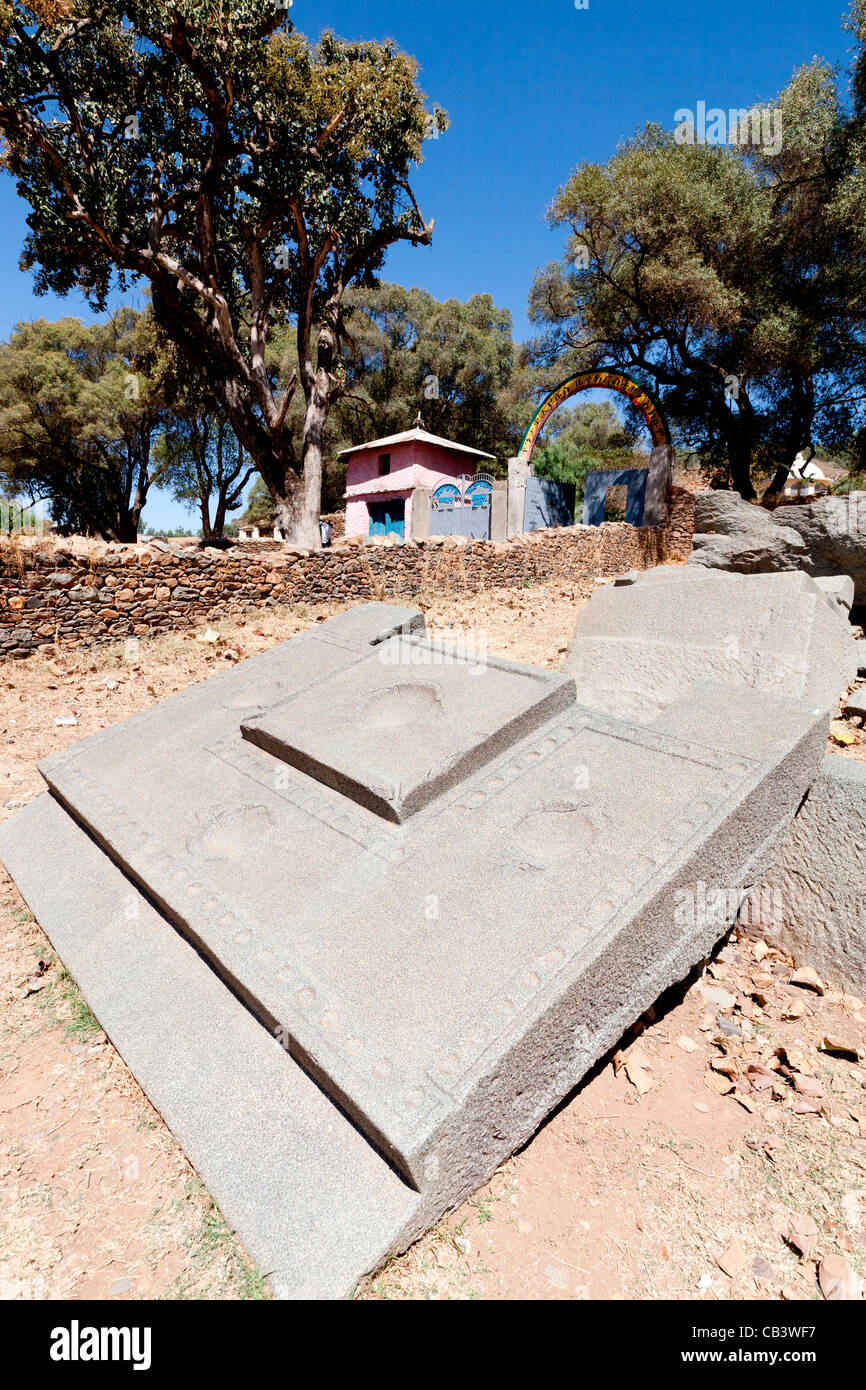 A collapsed decorated stele lying near Enda Iyesus Church in the ...