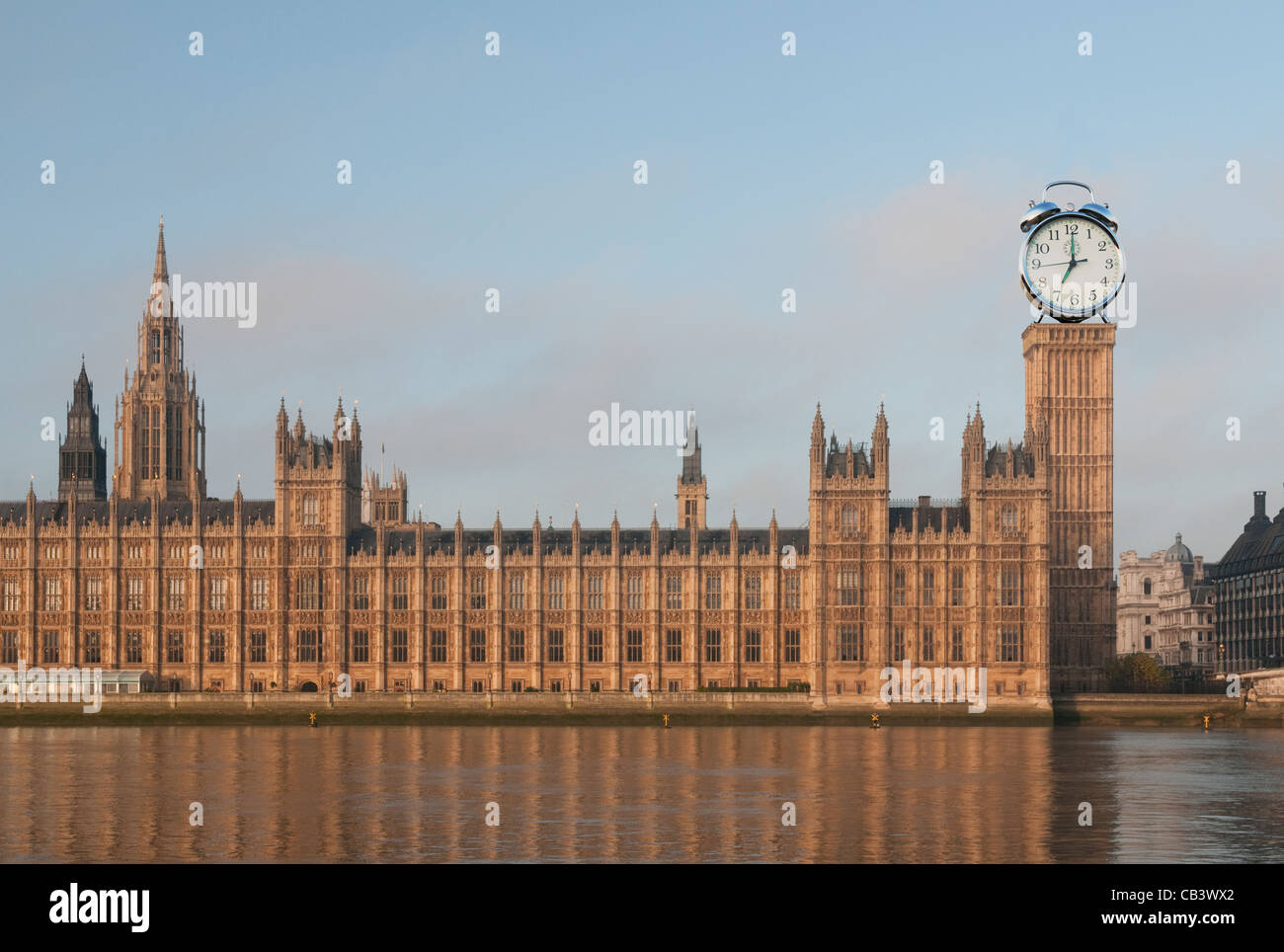 The Houses of Parliament in the United Kingdom, with an alarm clock ...