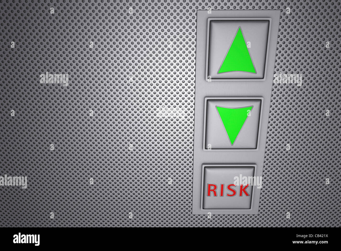 3D composing of elevator remote with green arrows showing up and down ...