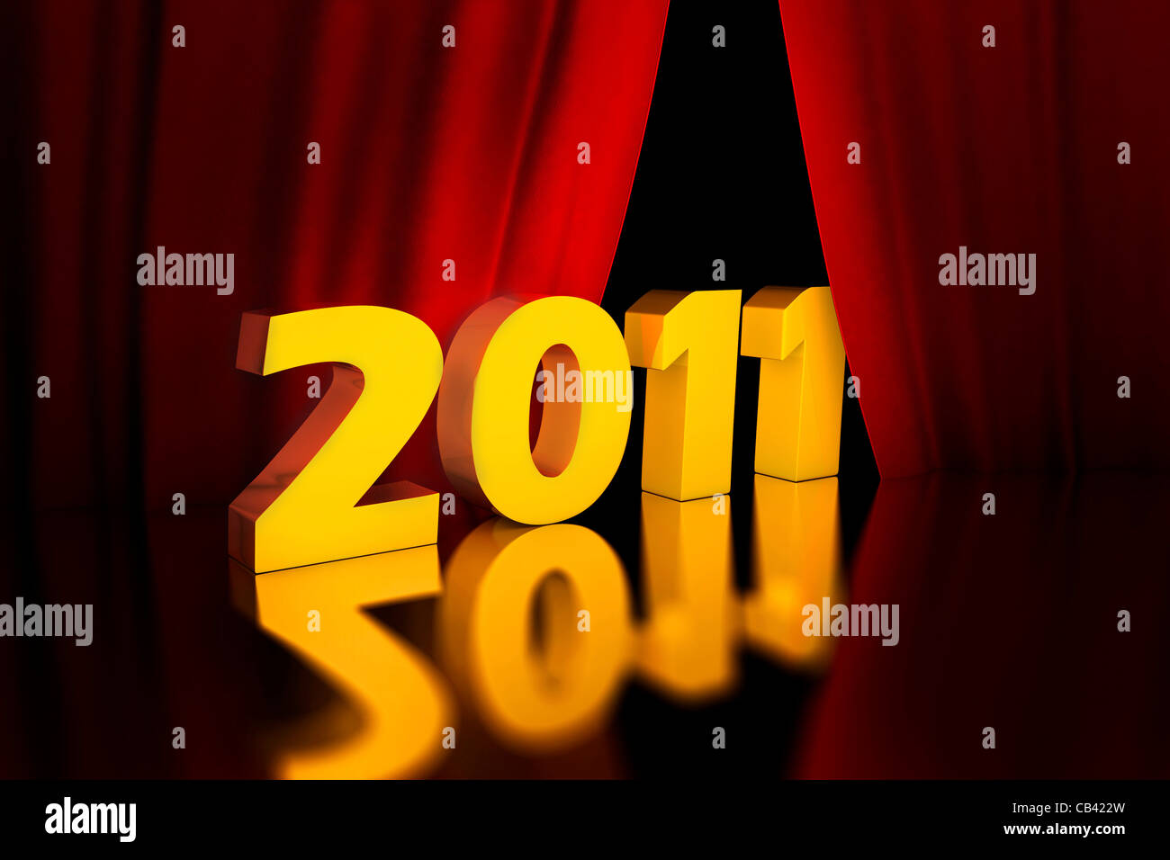 3D composing of 2011 number on stage with red curtain opened Stock ...