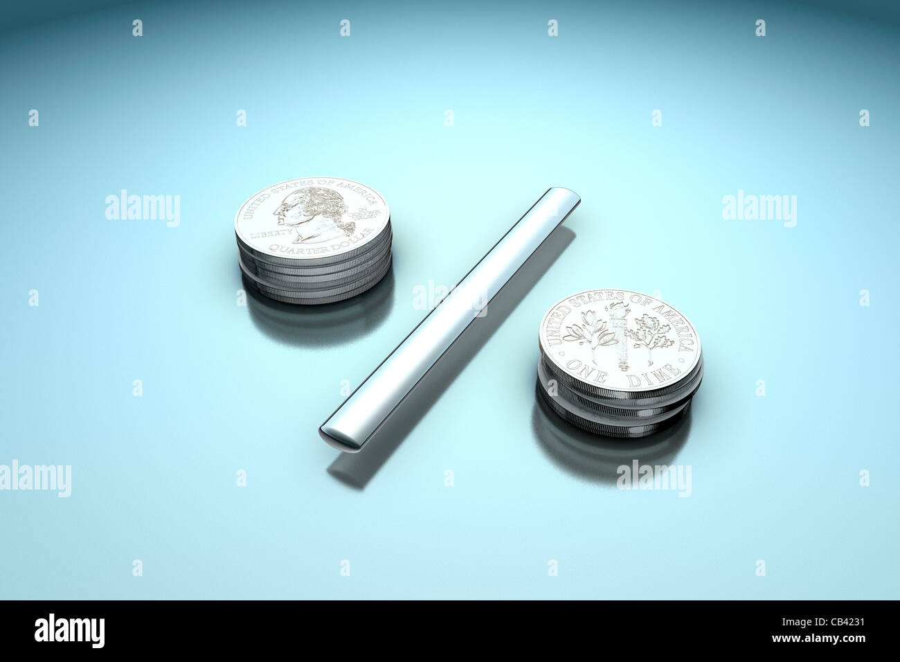 3D composing of two piles of US coins seperated by metal stick Stock ...