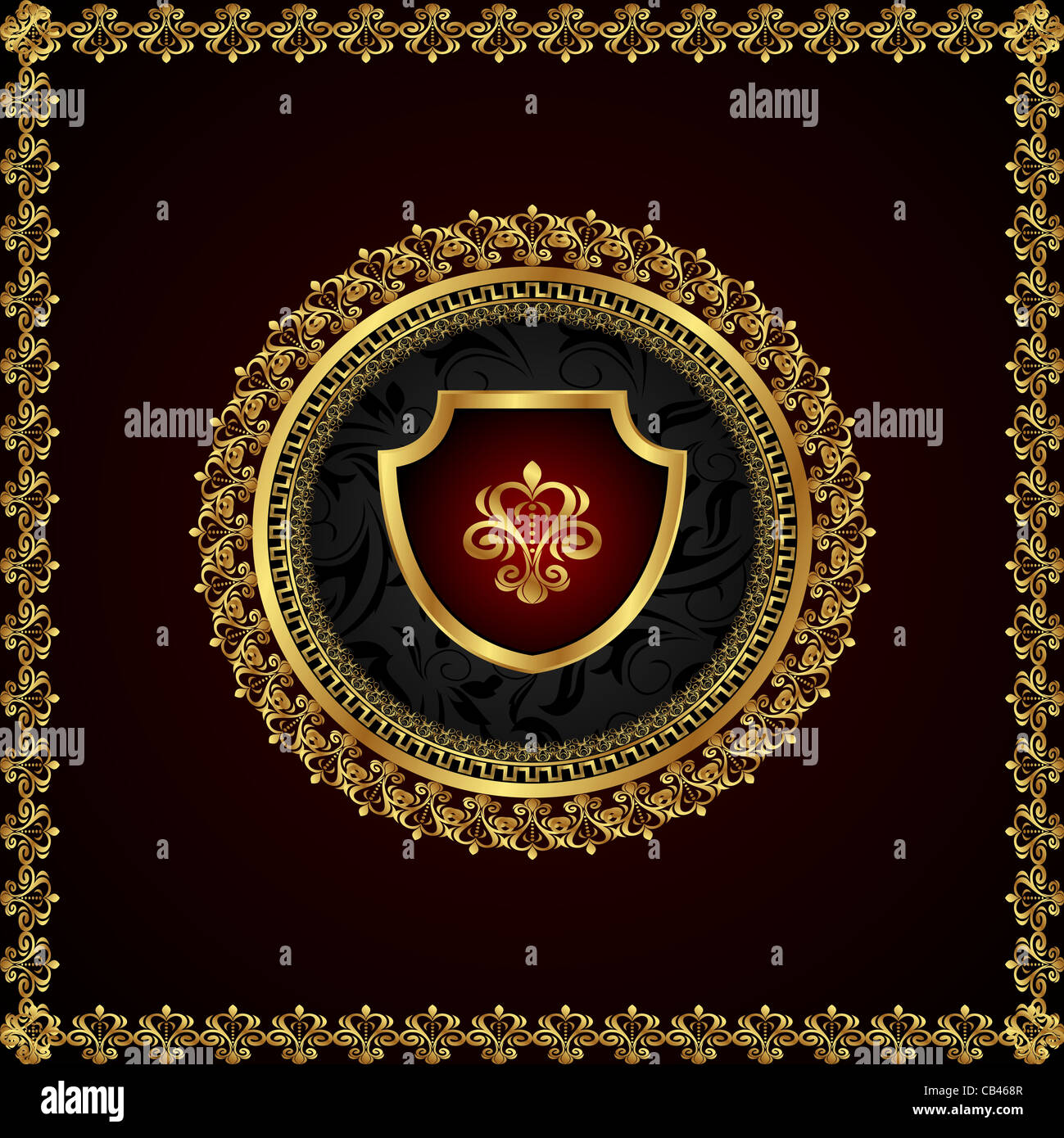 Illustration gold floral packing with heraldic shield and emblem ...