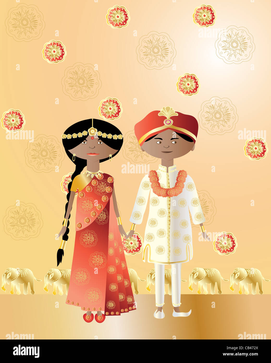 an illustration of an asian bride and groom standing in front of a ...