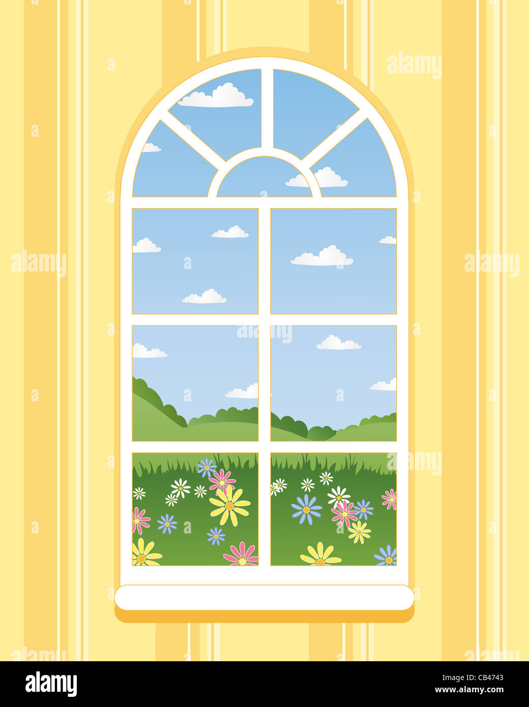 an illustration of an arched window in summer with a view across flower ...