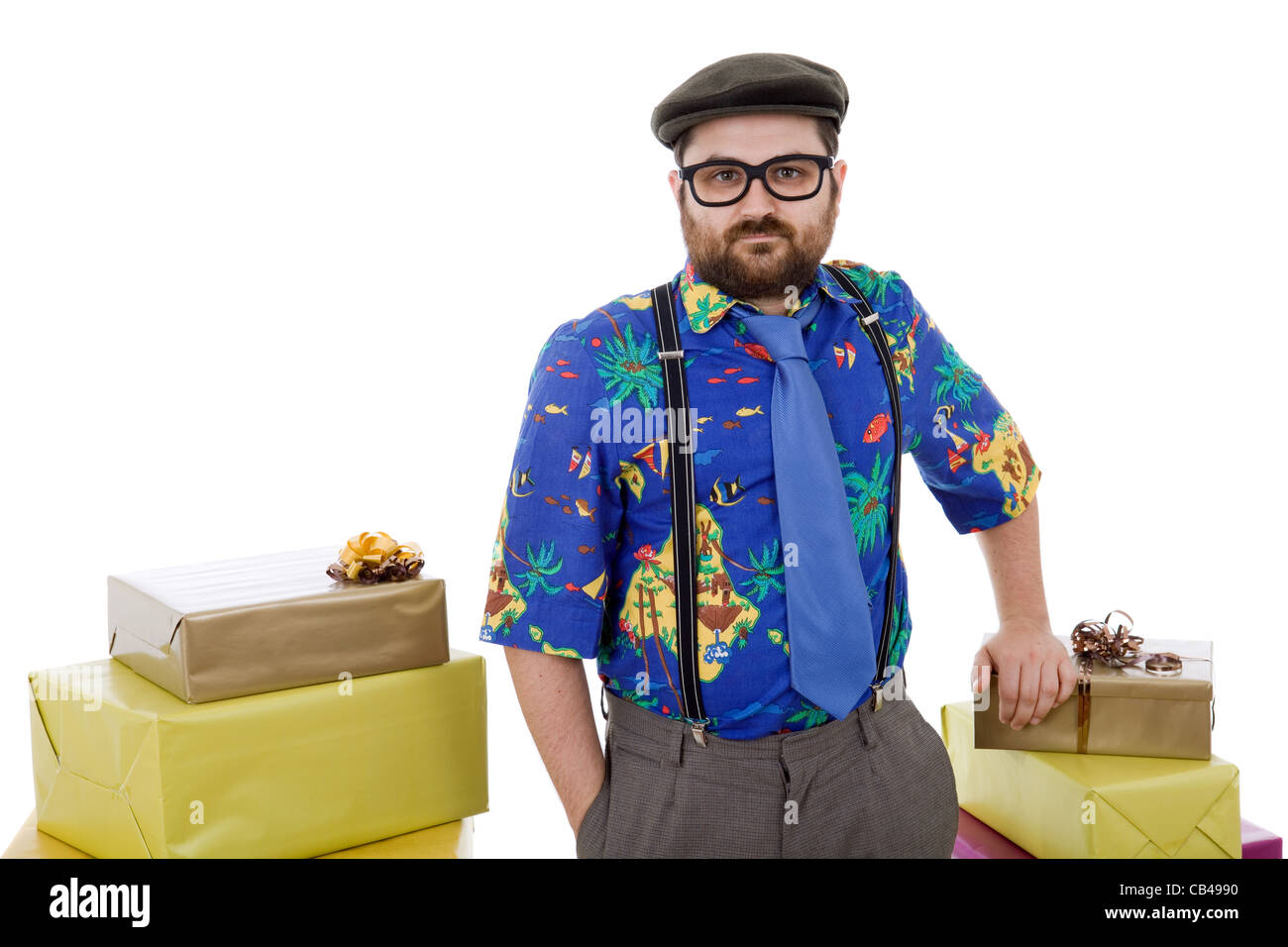 happy silly salesman with some boxes, isolated on white Stock Photo - Alamy